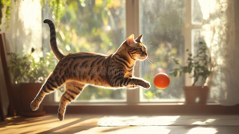 Energetic Bengal Cat Chasing a Bouncing Ball - Playful Pet Activity ...