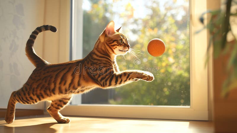 Energetic Bengal Cat Chasing a Bouncing Ball - Playful Pet Activity ...