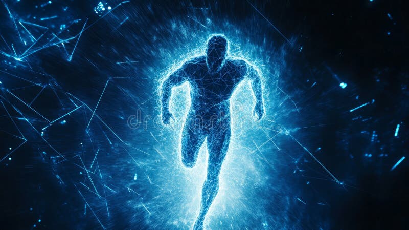 Energetic Blue Silhouette Running through a Cosmic Digital Landscape ...