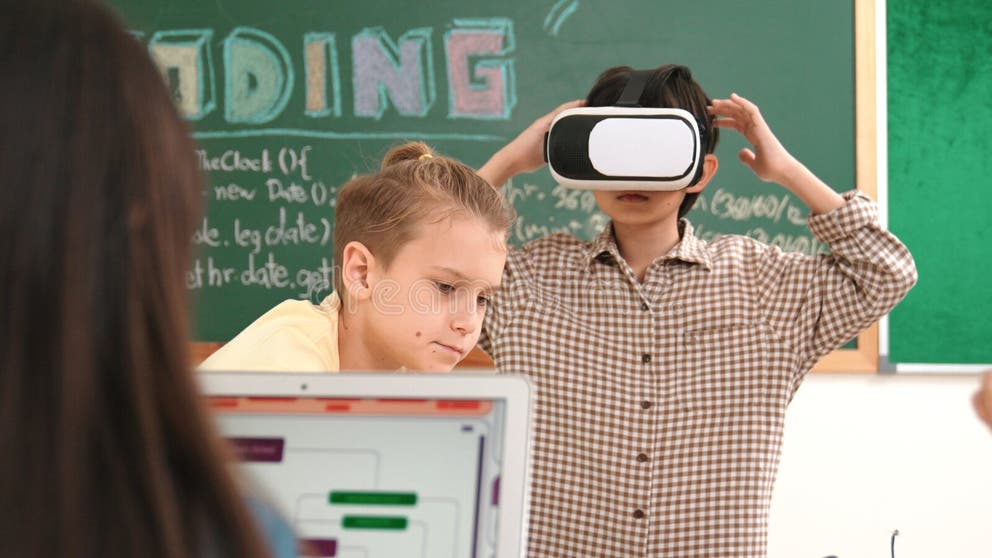 Asian Child Wearing Vr Headset while Enter Virtual World at Classroom ...
