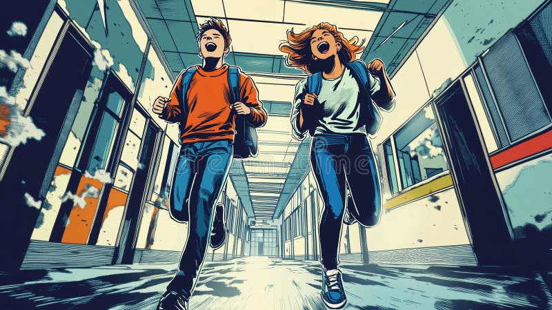 Energetic Comic-style Illustration of Two Students Running through a ...