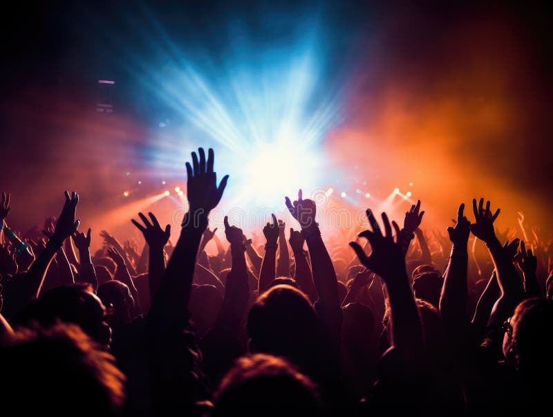 Energetic Concert Crowd with Raised Hands Against a Backdrop of ...