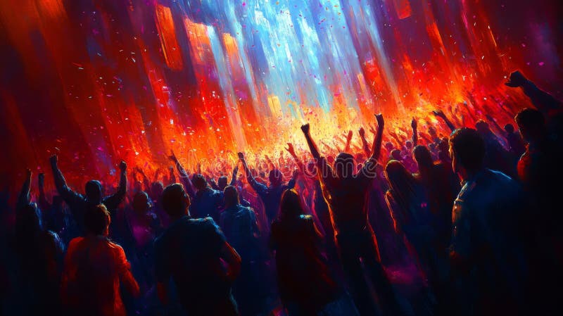 Energetic Crowd at Concert with Red and Blue Stage Lighting Stock ...
