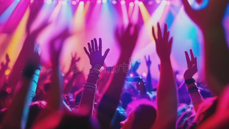 Energetic Crowd at a Live Concert, Hands Raised, Stage Illuminated by ...
