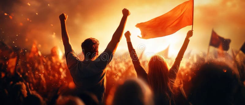 Energetic Crowds Cheering with Flags at Sunset Rally Stock Illustration ...