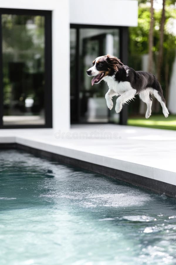 Energetic Dog Leaping into Pool in Modern Backyard on a Sunny Day Stock ...