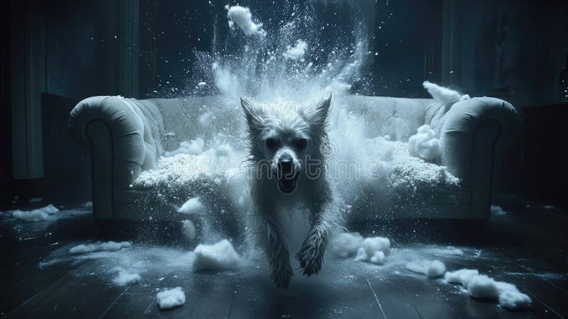 Energetic Dog Leaping in a Room with Exploding Feather Pillow Scene ...