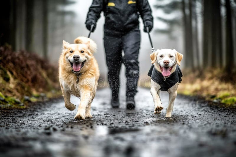 Energetic Dogs Running on a Forest Path with Male Owner on a Leash ...