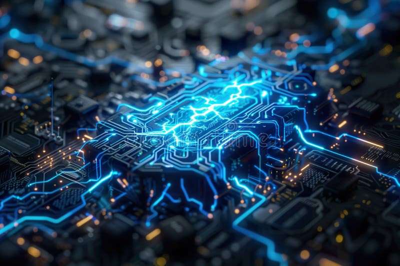 Energetic Electrical Currents on High-tech Circuit Board. Generative AI ...