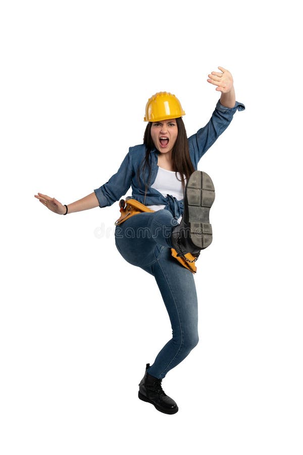 Energetic Female Construction Worker in Action Pose Stock Image - Image ...