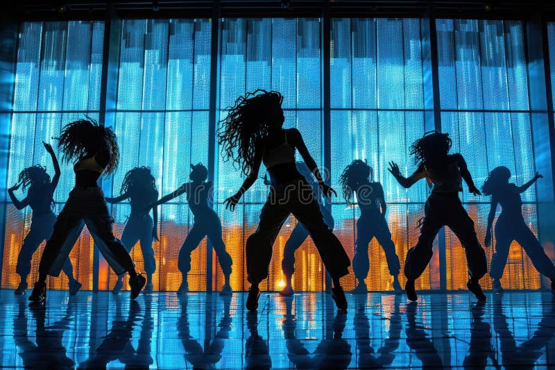 Energetic Female Dancers Performing a Group Dance Routine in Front of ...