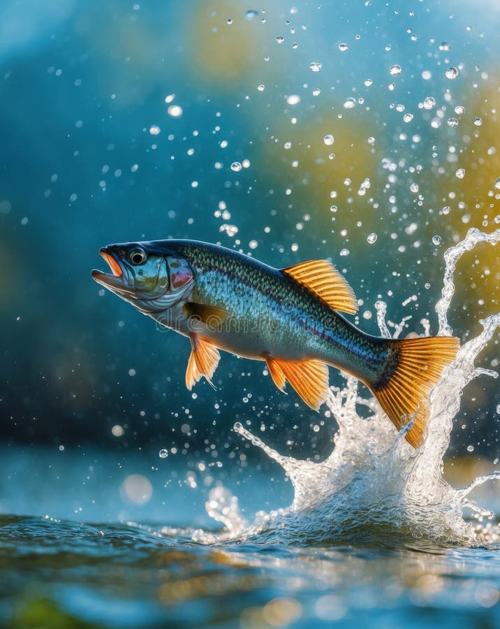 Energetic Freshwater Fish Leaping Out of Water with Splashing Stock ...