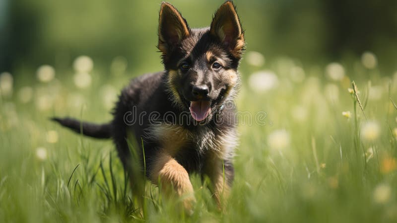 Energetic German Shepherd Puppy Running through a Green Field during a ...