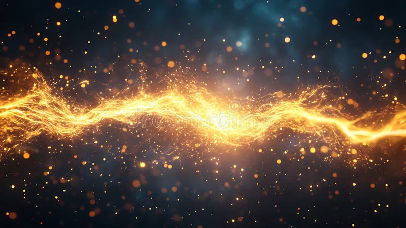 Energetic Golden Light Wave with Sparkling Particle Flow on Deep Blue ...