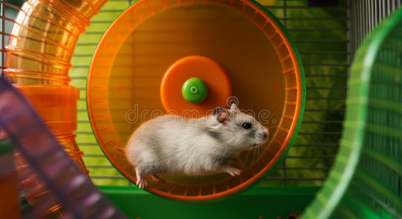 Energetic Hamster Running on Orange Exercise Wheel in Cage Stock Image ...