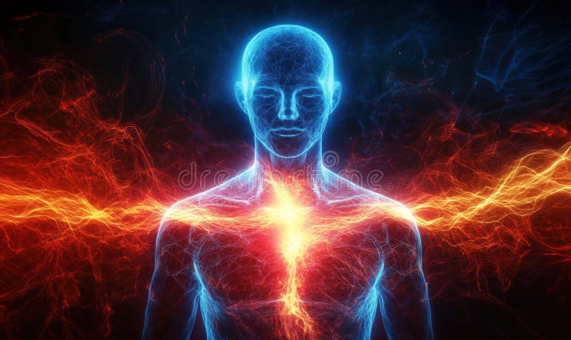 Energetic Human Figure with Glowing Heart and Vibrant Energy Flow Stock ...