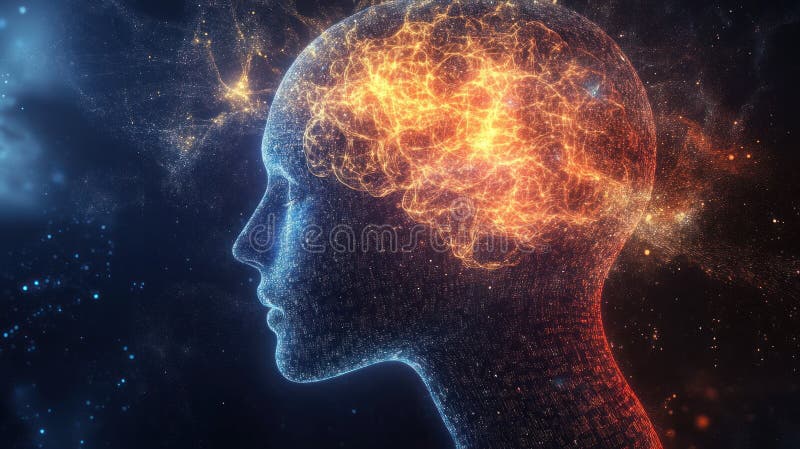 Energetic Human Head Profile with Fiery Brain Stock Illustration ...