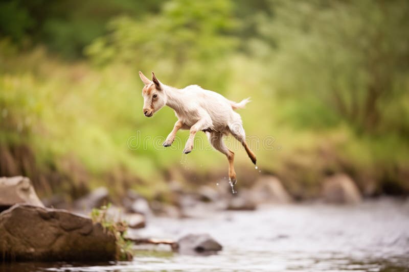 Energetic Kid Goat Jumping Over a Stream in the Highlands Stock ...
