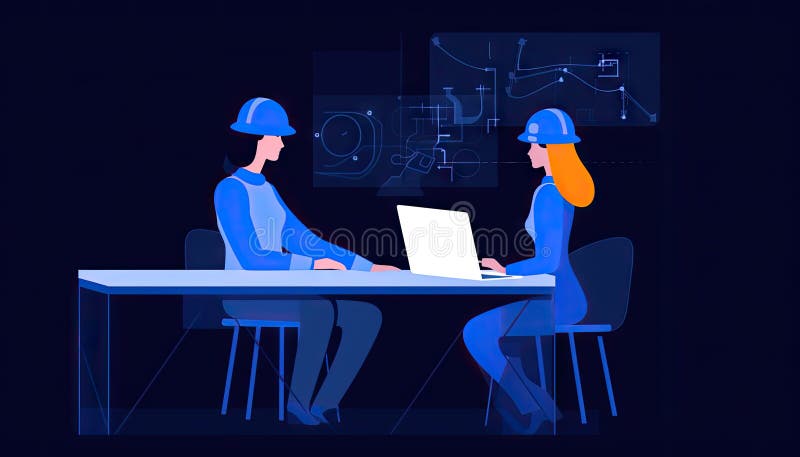 Energetic Lady Working on Laptop with Engineer in Animated Solar Style ...