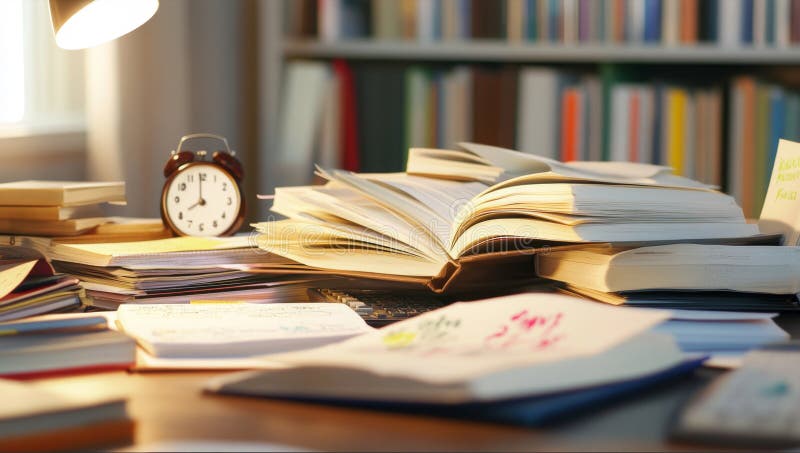 Energetic Late-night Study Session Shows a Cluttered Desk Filled with ...