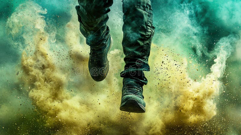 Energetic Leap with Dust Clouds Creating a Dynamic Scene in a Dramatic ...