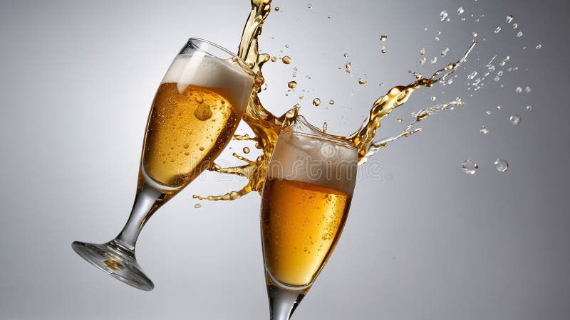 Two Frothy Beer Glasses Clinking with Splashes Against a Dark ...
