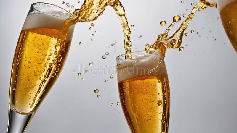 Two Frothy Beer Glasses Clinking with Splashes Against a Dark ...