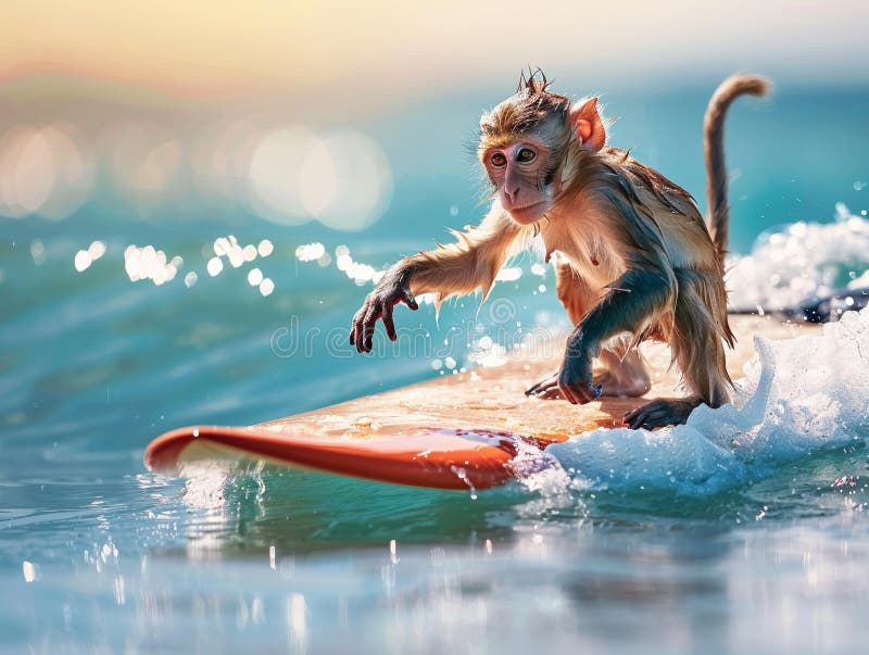 Energetic Monkey Catching Waves on a Surfboard a Scene of Fun and ...
