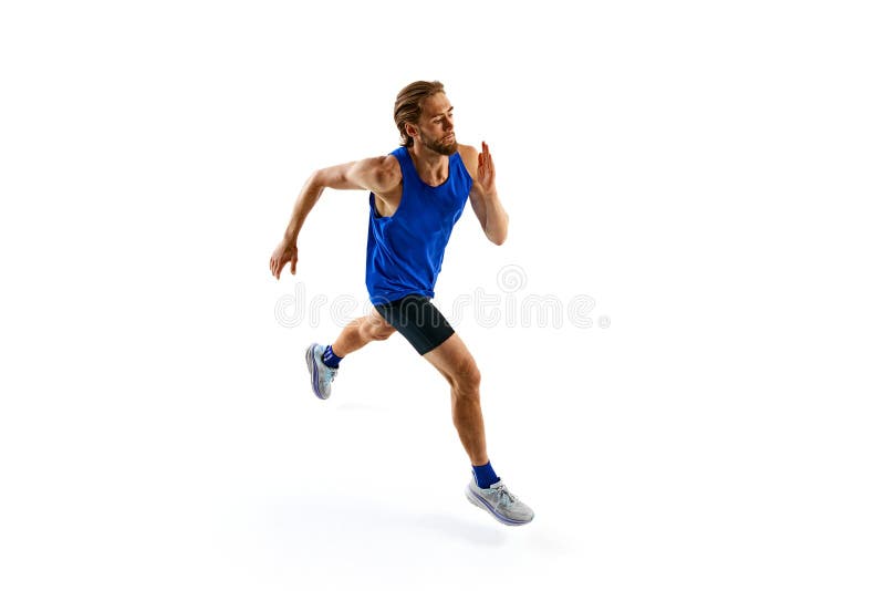 Energetic and Motivated Man, Runner in Motion in Blue Uniform, Training ...