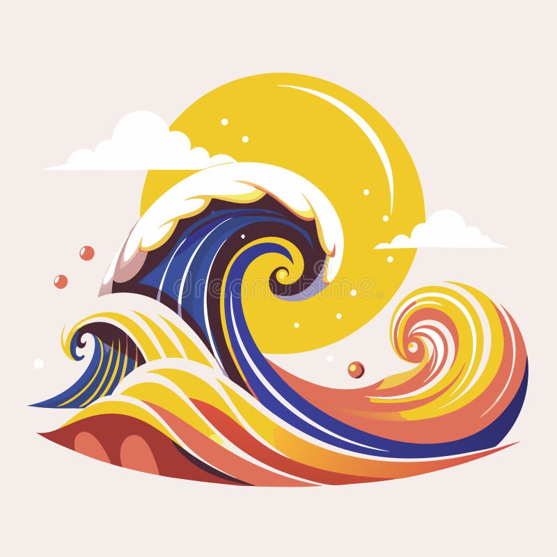 Energetic Ocean Wave Art with Sunshine and Fluffy Clouds Stock Vector ...