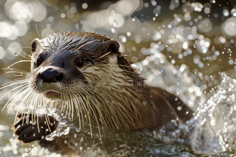 Energetic Otter Splashing in Water with Sunlit Droplets AI Stock Photo ...