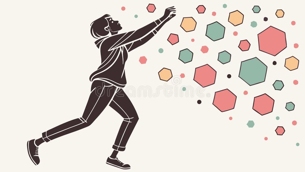 Energetic Person Interacting with Floating Abstract Bubbles, Vector ...