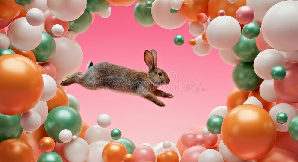 Energetic Rabbit Leaping through Colorful Balloon Gateway on Pink ...