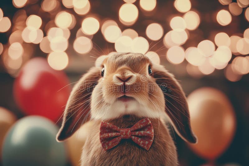 Energetic Rabbit with Tiny Bow Tie and Festive Background Stock Photo ...