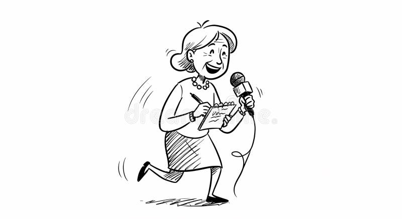 Energetic Reporter Sketch: Dynamic Pose, Notepad, Microphone Stock ...