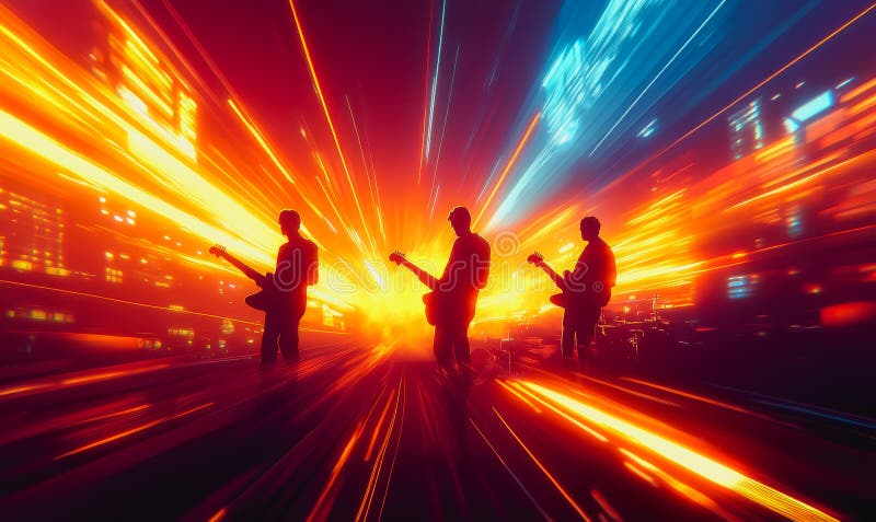 Energetic Rock Band Performing Under Dramatic Stage Lights with Glowing ...