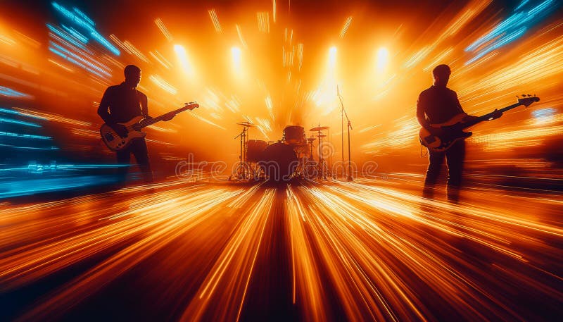 Energetic Rock Band Performing Under Dramatic Stage Lights with Glowing ...