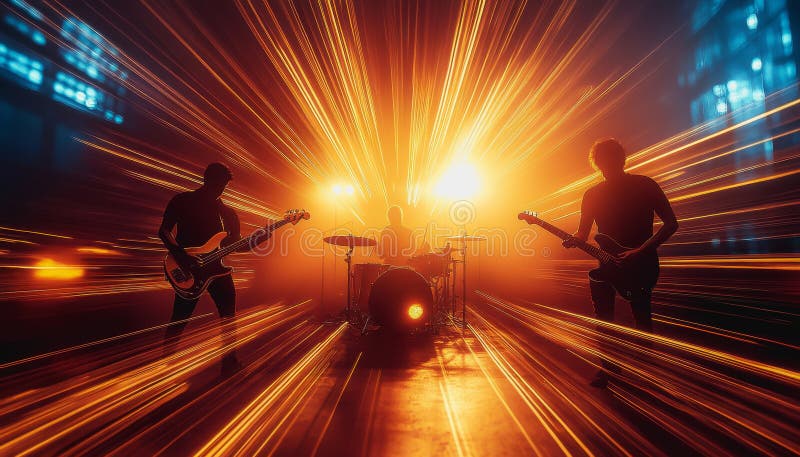 Energetic Rock Band Performing Under Dramatic Stage Lights with Glowing ...