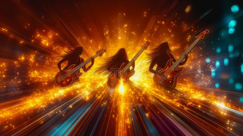 Energetic Rock Band Performing Under Dramatic Stage Lights with Glowing ...