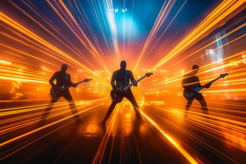 Energetic Rock Band Performing Under Dramatic Stage Lights with Glowing ...