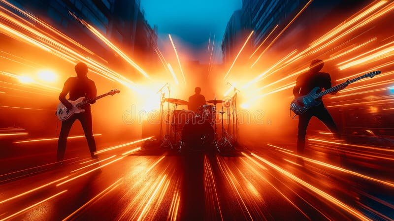 Energetic Rock Band Performing Under Dramatic Stage Lights with Glowing ...