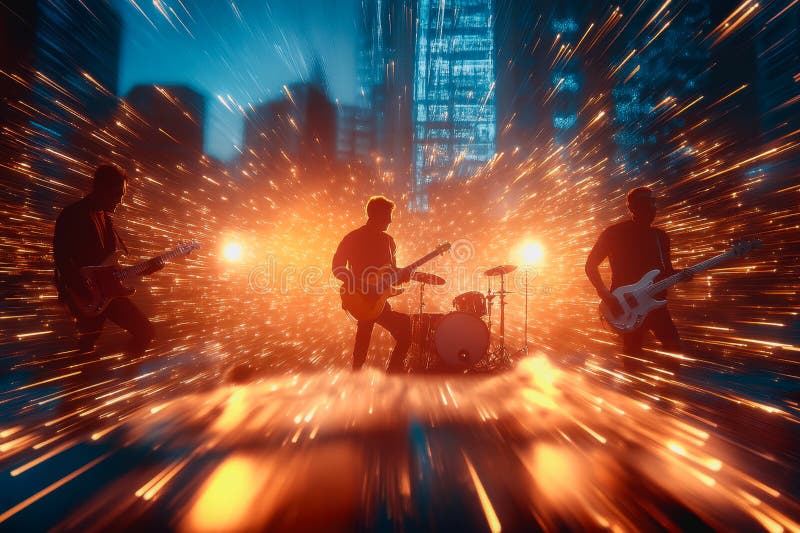 Energetic Rock Band Performing Under Dramatic Stage Lights with Glowing ...