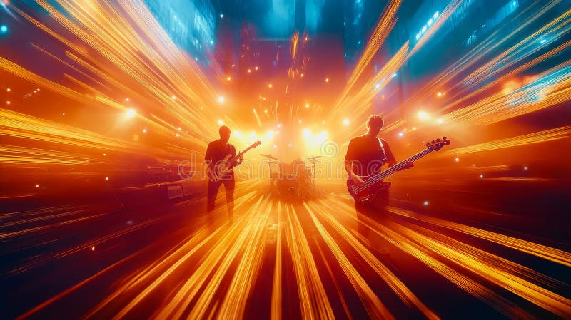 Energetic Rock Band Performing Under Dramatic Stage Lights with Glowing ...