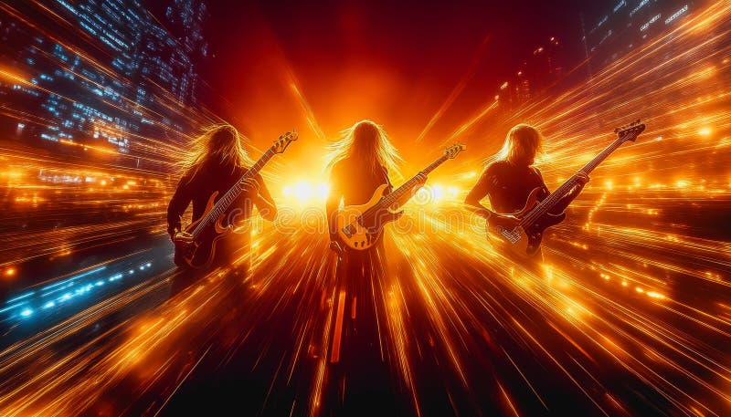 Energetic Rock Band Performing Under Dramatic Stage Lights with Glowing ...