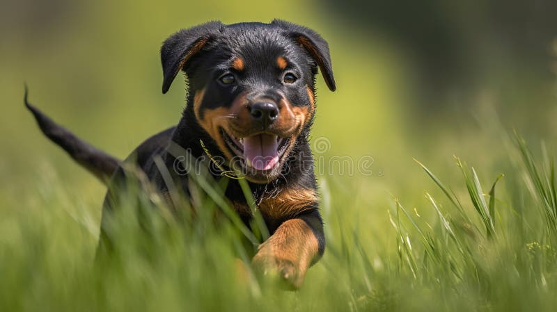 Energetic Rottweiler Puppy Running through a Green Field during a Warm ...