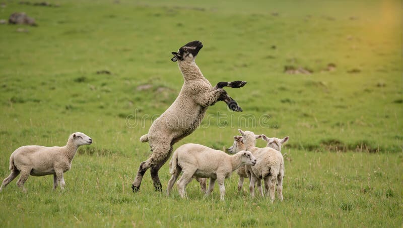 Energetic Sheep Jumping for Joy in Sunny Pasture Stock Illustration ...