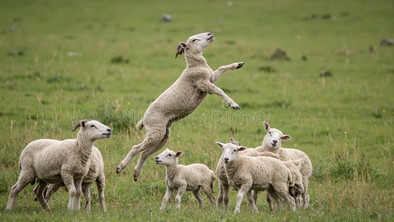 Energetic Sheep Jumping for Joy in Sunny Pasture Stock Illustration ...