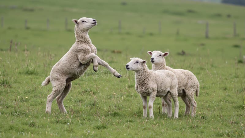 Energetic Sheep Jumping for Joy in Sunny Pasture Stock Illustration ...