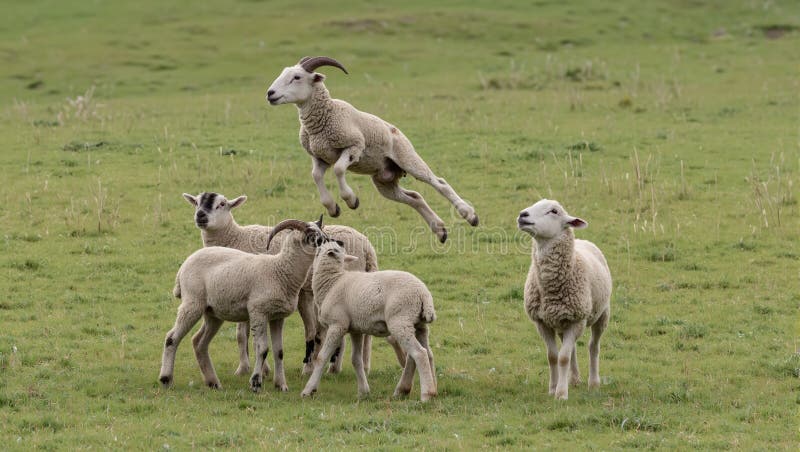 Energetic Sheep Jumping for Joy in Sunny Pasture Stock Illustration ...