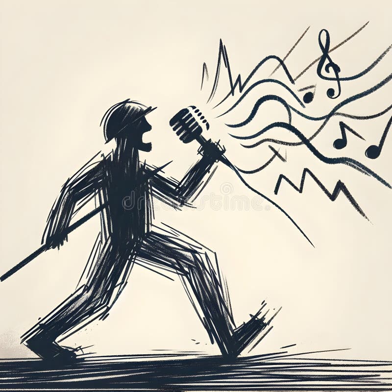 Singer with Microphone Walking Energetically with Music Notes Flowing ...